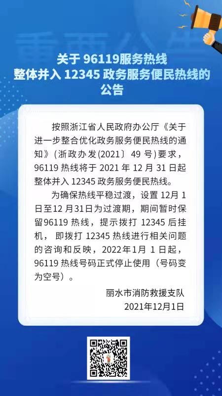 关于96119服务热线整体并入12345政务服务便民热线的公告